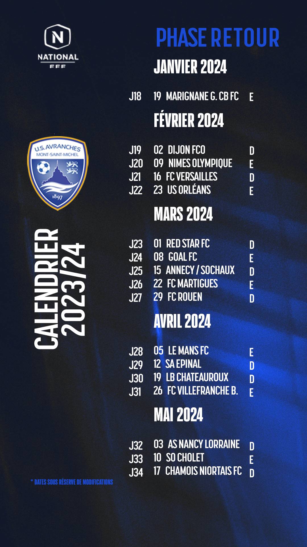 National | Le calendrier de la nouvelle saison ⋆ US Avranches Mont ...